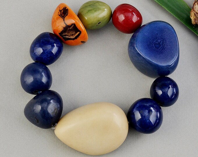 Large Tagua Bracelet Navy Blue Bracelet Elastic Bangle - Etsy