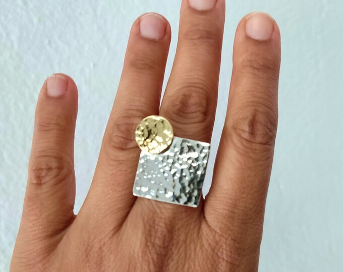 Mixed Metals Square Ring, Sterling Silver 925 and Brass Rectangular ...