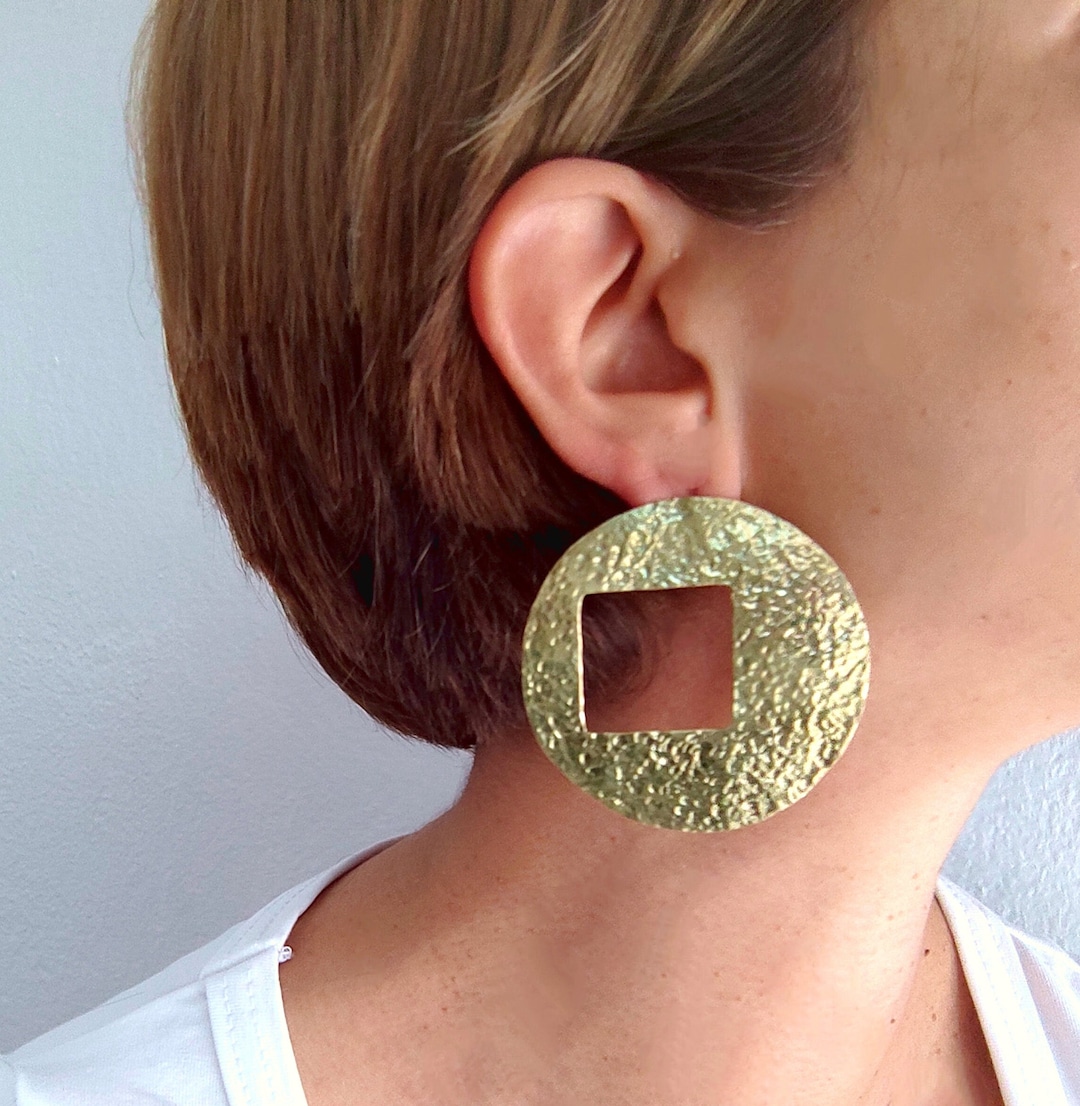 Large Gold Disc Earrings: Handmade Brass Boho Statement Earrings - Etsy
