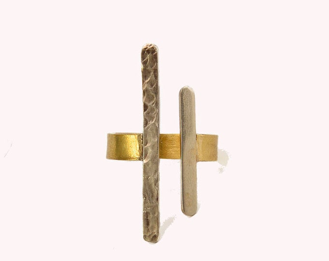 Mixed Metals Long Minimalist Ring, Gold Silver Parallel Lines Ring ...