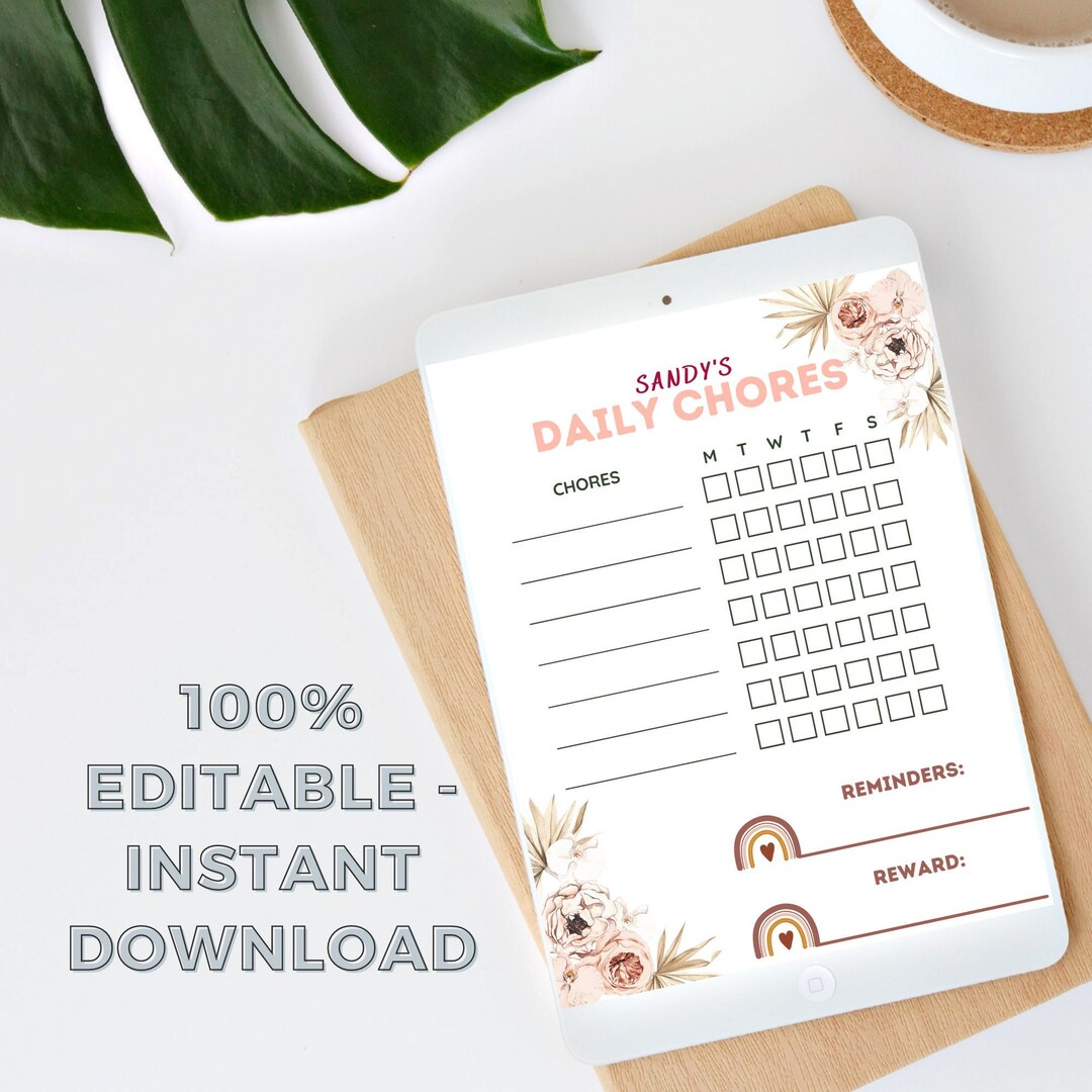 Daily Chore Checklist, Printable Chore Sheet, Floral Boho Chore ...