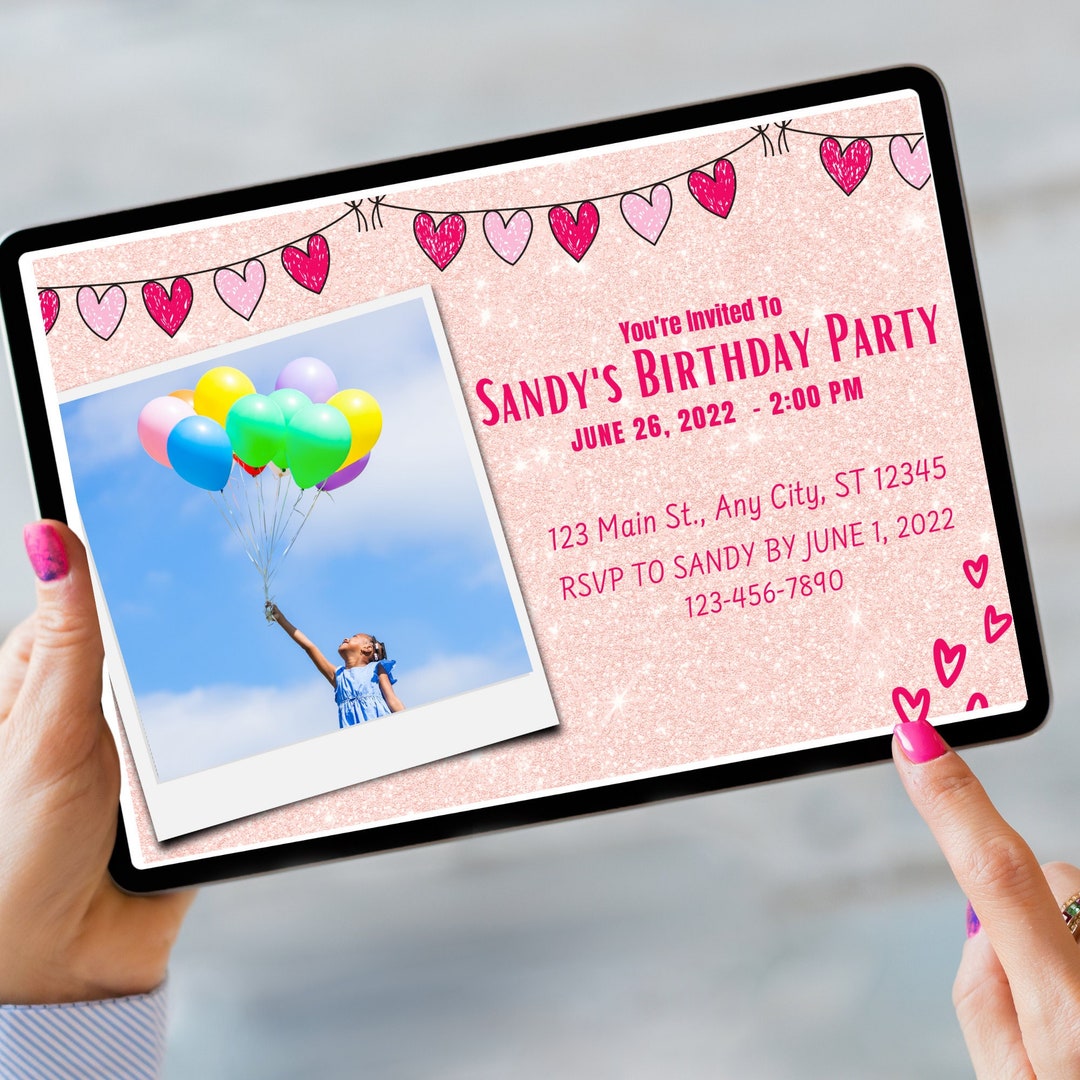 Pink Glitter Girls Party Invitation Template, Instant Download, Kid's ...