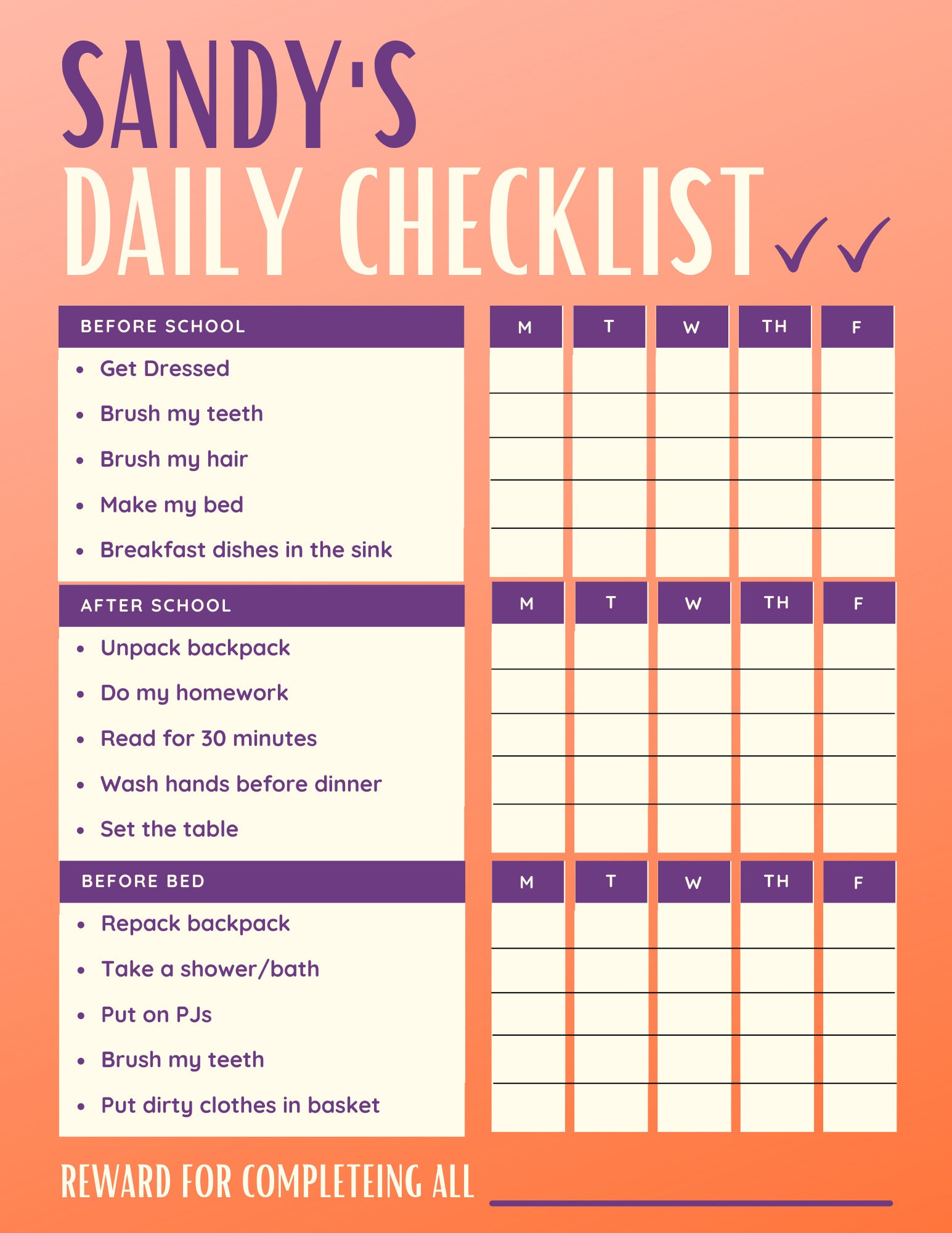 Daily Chore Checklist, Printable Kids Chore Sheet, Instant Download ...