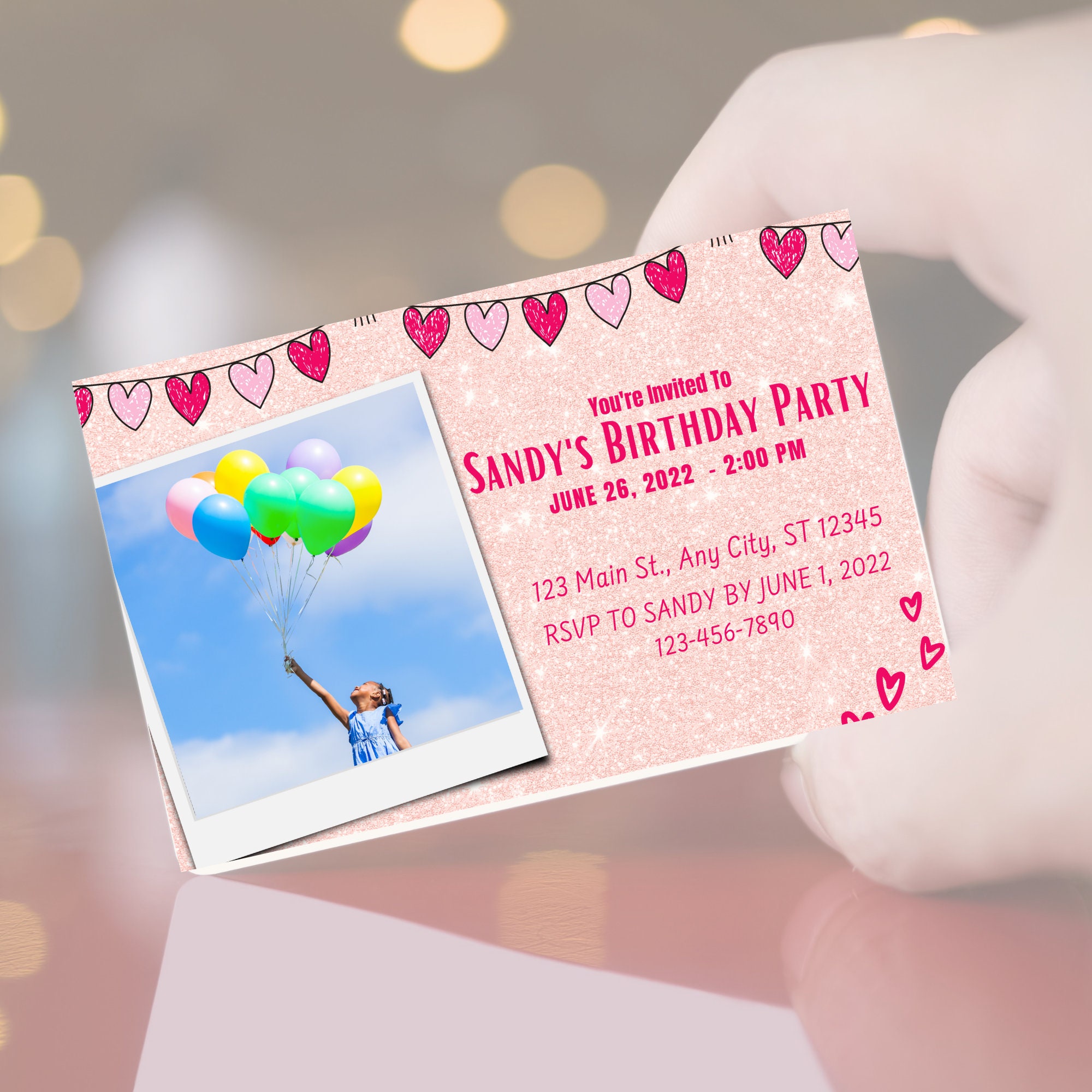 Pink Glitter Girls Party Invitation Template, Instant Download, Kid's ...