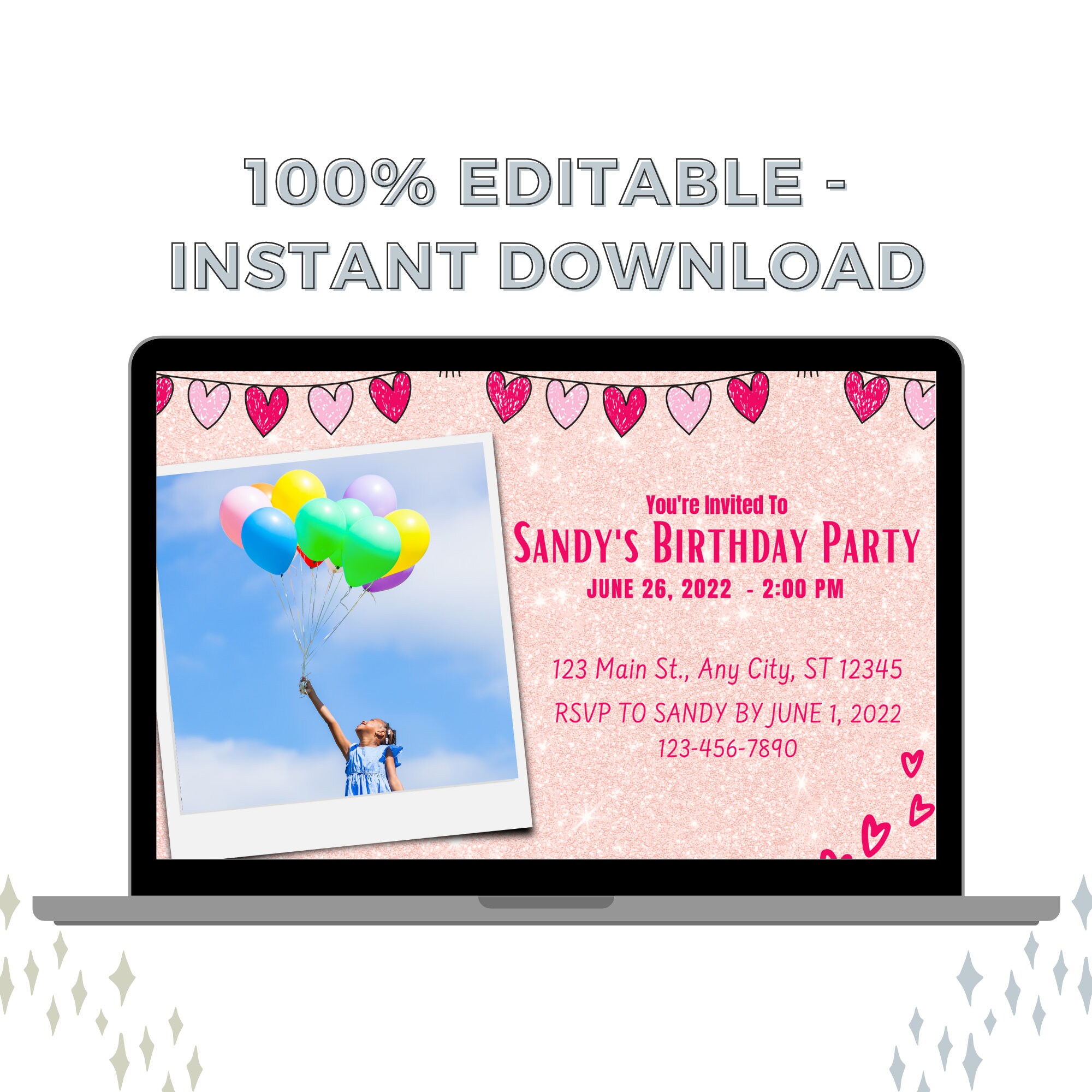 Pink Glitter Girls Party Invitation Template, Instant Download, Kid's ...