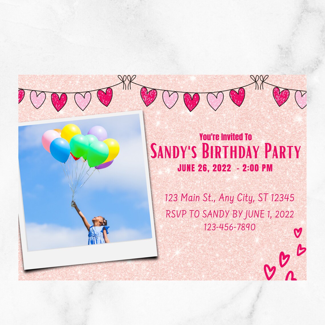 Pink Glitter Girls Party Invitation Template, Instant Download, Kid's ...