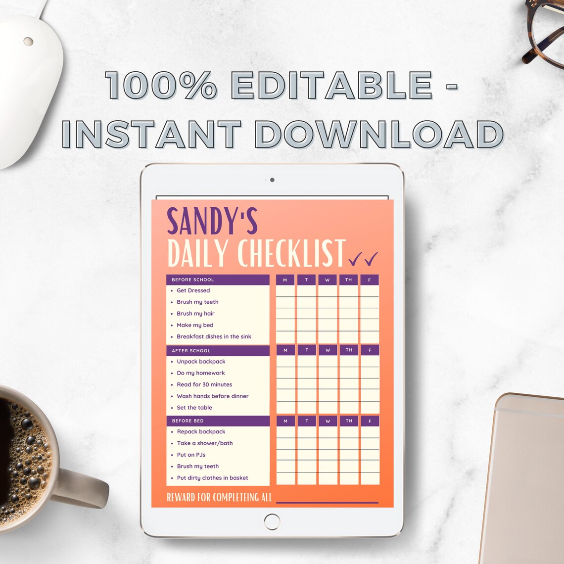 Daily Chore Checklist, Printable Kids Chore Sheet, Instant Download ...