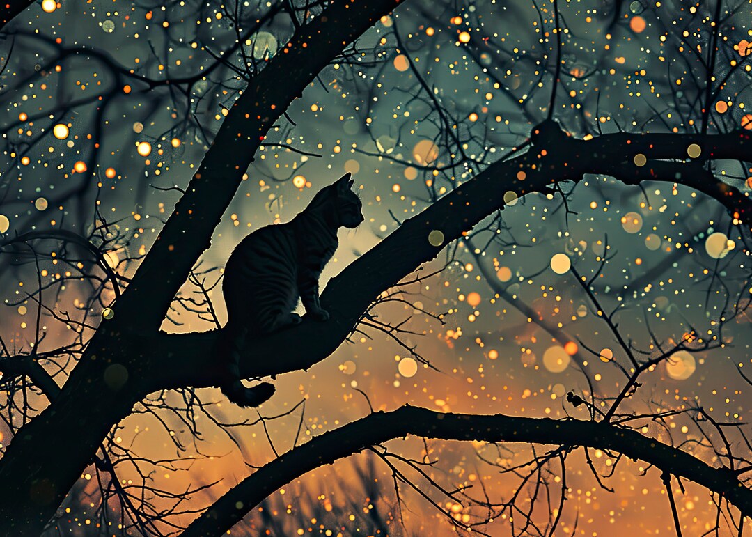 Cat in a Tree on a Magical Starry Night, Whimsical Silhouette Style ...