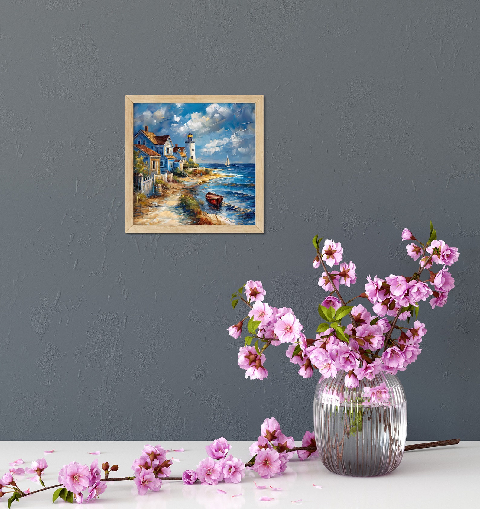 Summer at the Beach With Weathered Beach House, Lighthouse and Boats ...