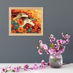 Giclee Print, Unframed Greyhounds Running Through Flowers, Abstract ...