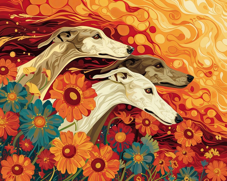 Giclee Print, Unframed Greyhounds Running Through Flowers, Abstract ...
