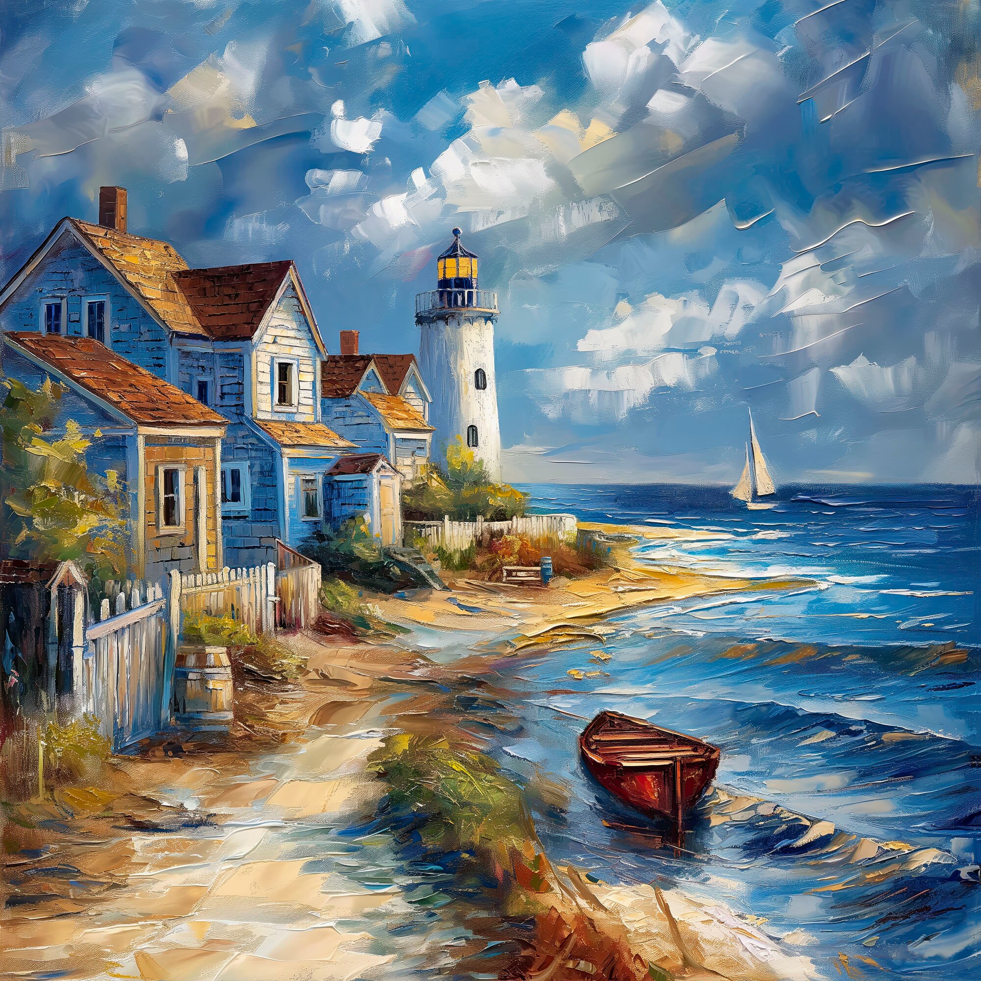 Summer at the Beach With Weathered Beach House, Lighthouse and Boats ...