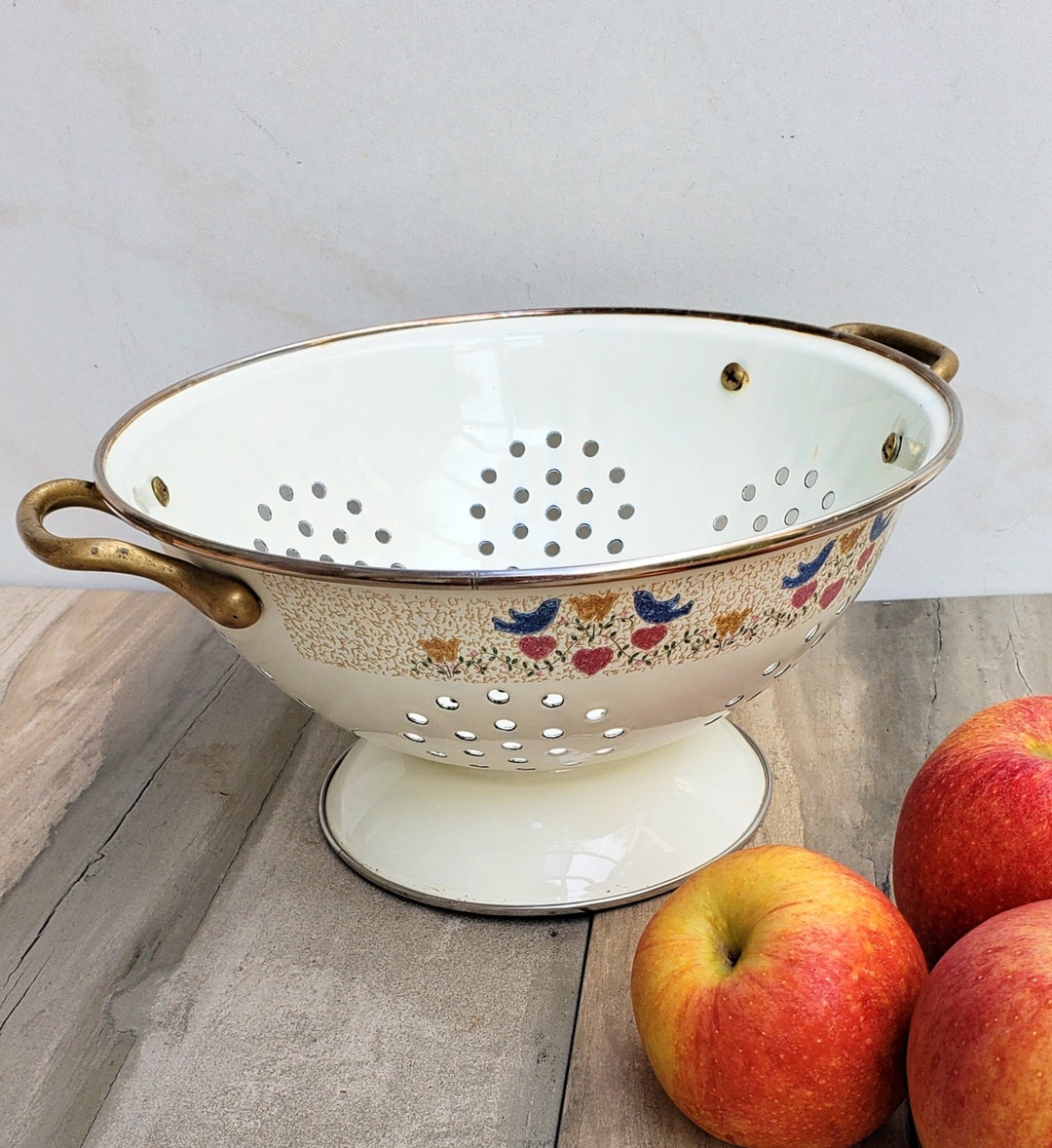 Vintage Enamel Colander W Brass Handles/strainer-beige Color/enamelware ...