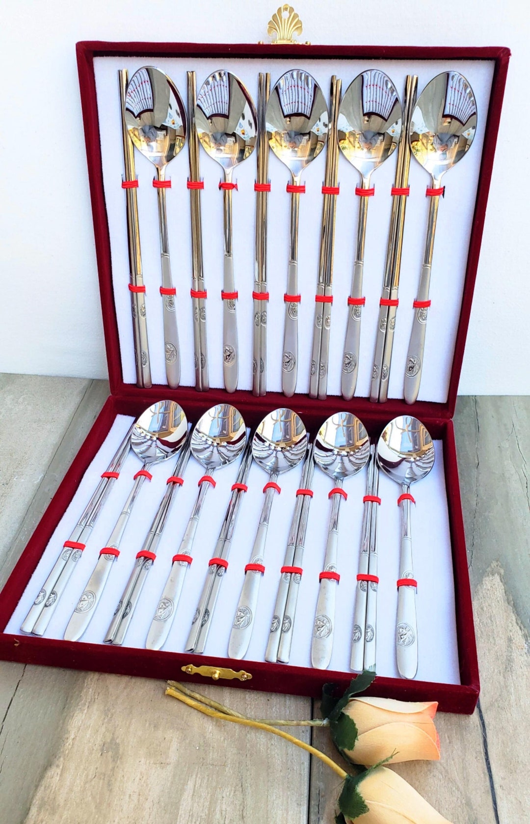 Set/10 Vintage Korean Stainless Steel Metal Dinner Spoons & Chopsticks ...