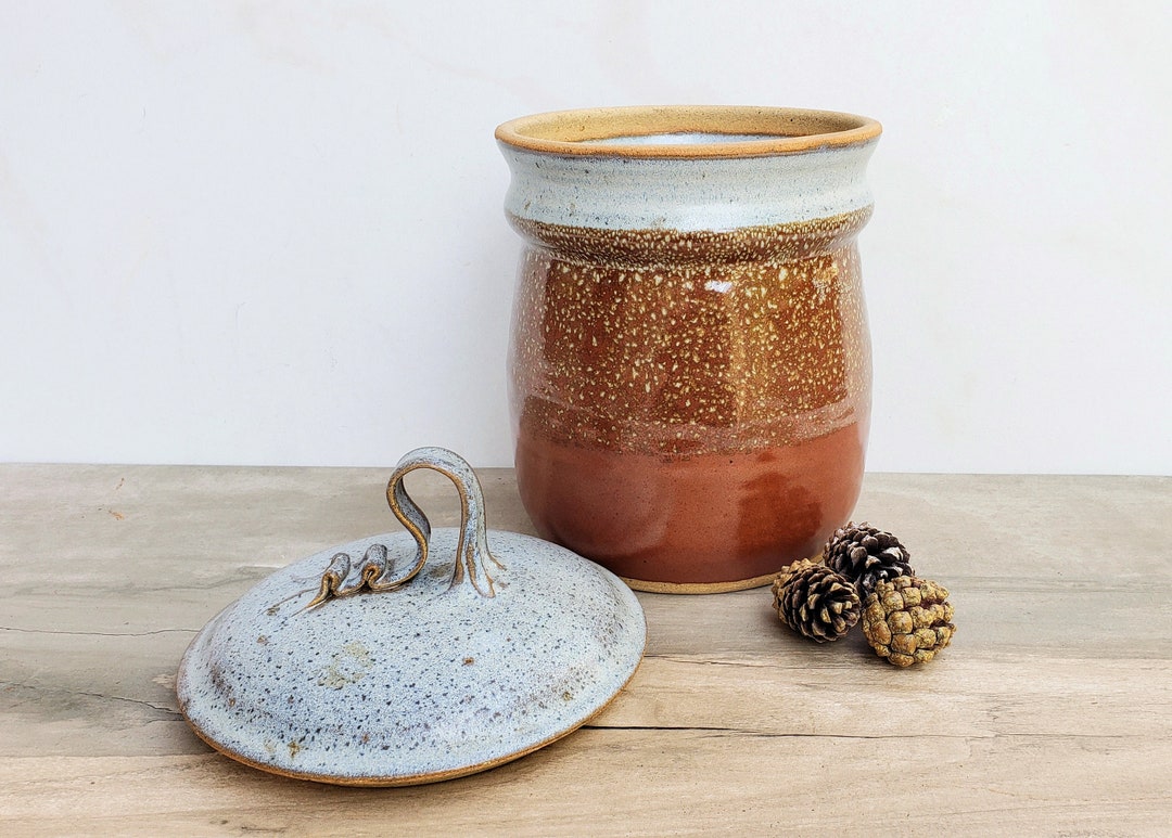 Vintage Handmade Pottery Cookie Jar With Lid/blue & Brown - Etsy