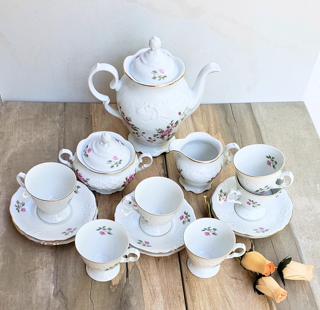 Vintage Wawel Set/17 Pcs Porcelain Tea Set-demitasse Wav49/embossed With Pink Roses/gold Trim ...