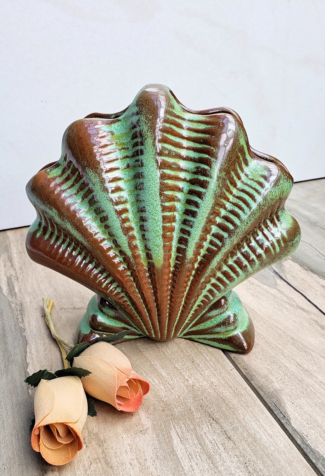 Vintage Frankoma Clam Shell Vase #54/prairie Green Glaze/made in Usa ...