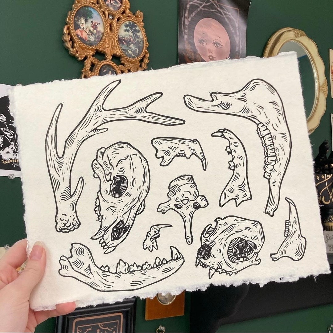 BONE COLLECTOR | Lino Print | Skulls, Jawbones & Antler - Etsy