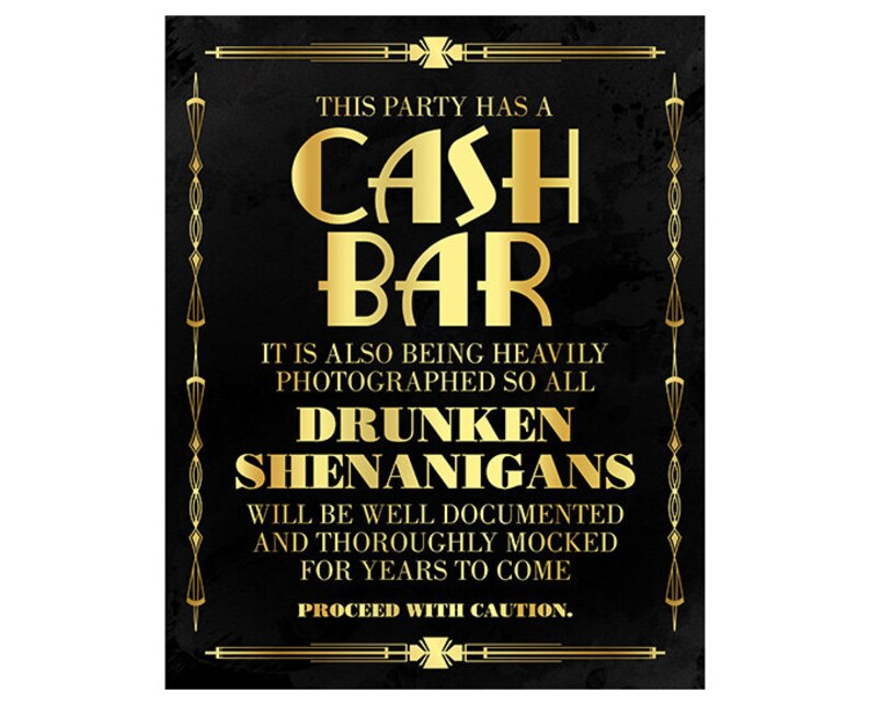 Cash Bar Sign Printable. Bar Decorations. Great Gatsby Party Supplies ...
