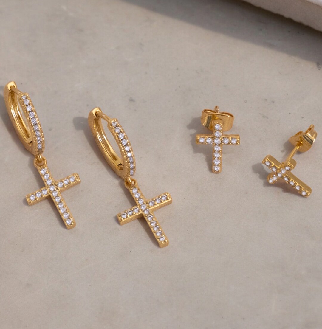 Cross Earrings 2 Pair Set / 18K Gold Cross Hoop Earrings / Unisex Cross ...