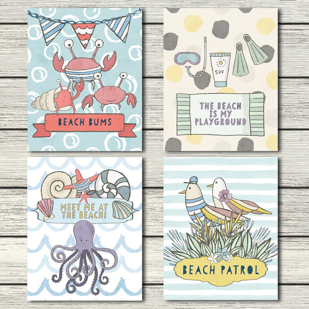 Set of 4: Beach Art Beach Theme Printables Octopus Seagull - Etsy