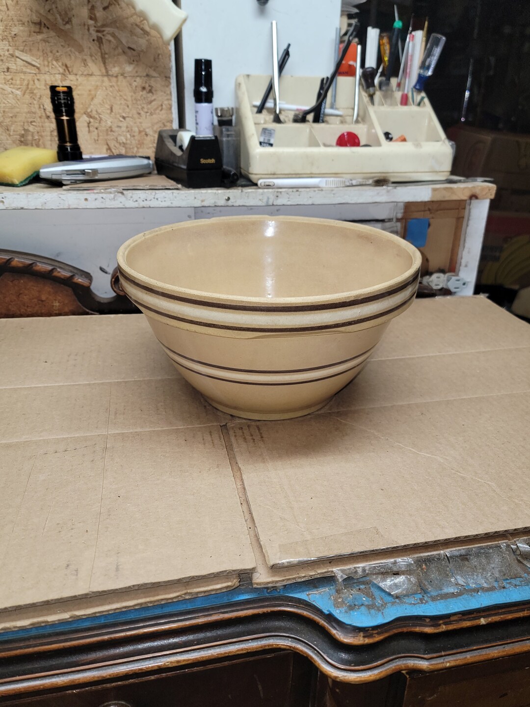 Vintage Brown / Yellow Stoneware - Ovenware Pottery Stripe Dough Bowl ...