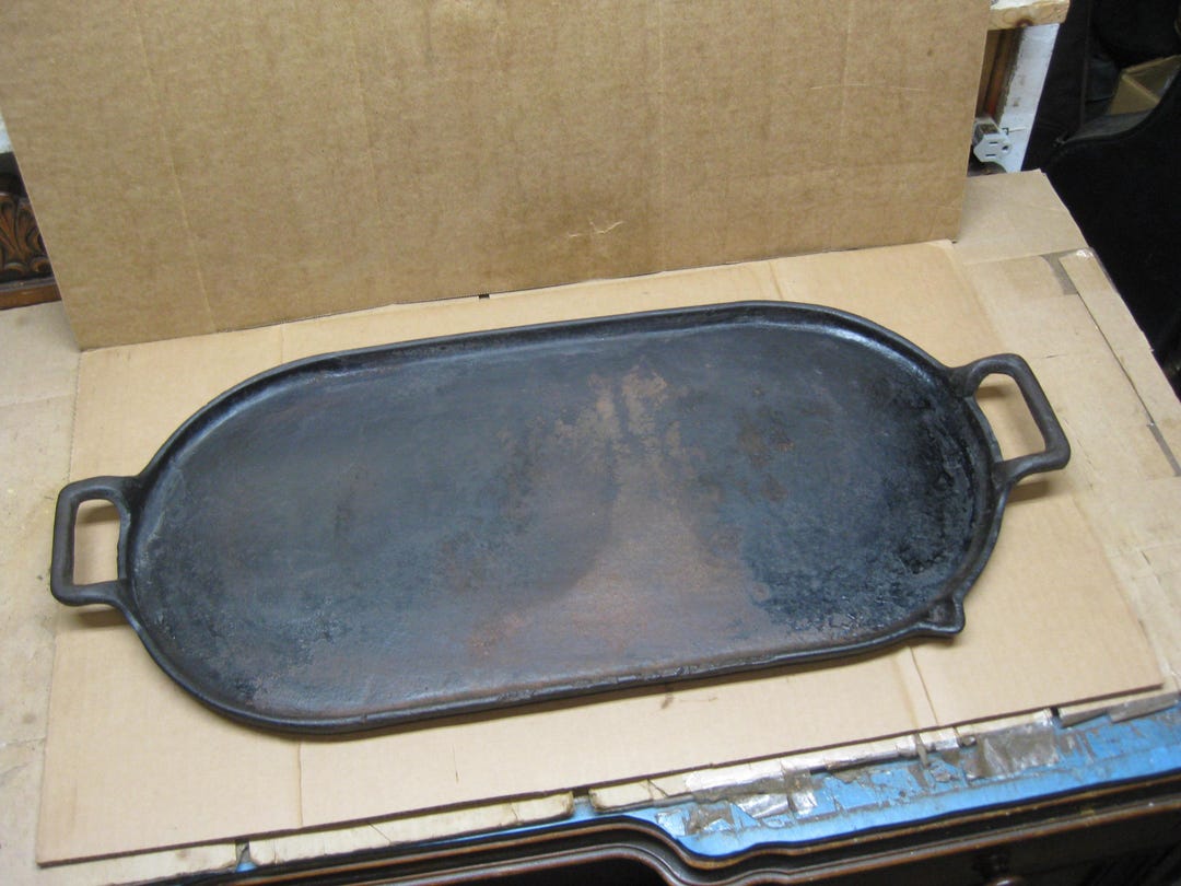 Antique Large 26 1/2" Cast Iron Oval Fish Fry / Griddle Pan With Grease ...