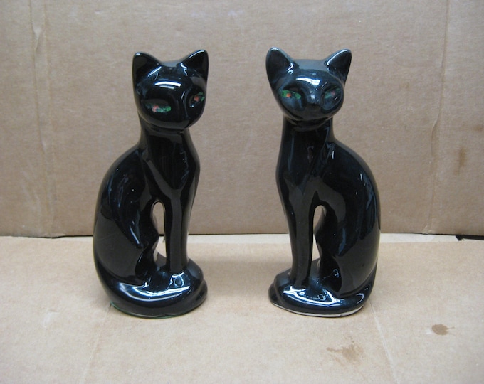 Vintage MCM Ceramic Black Cats Figurines W/ Green Eye's - Made in ...