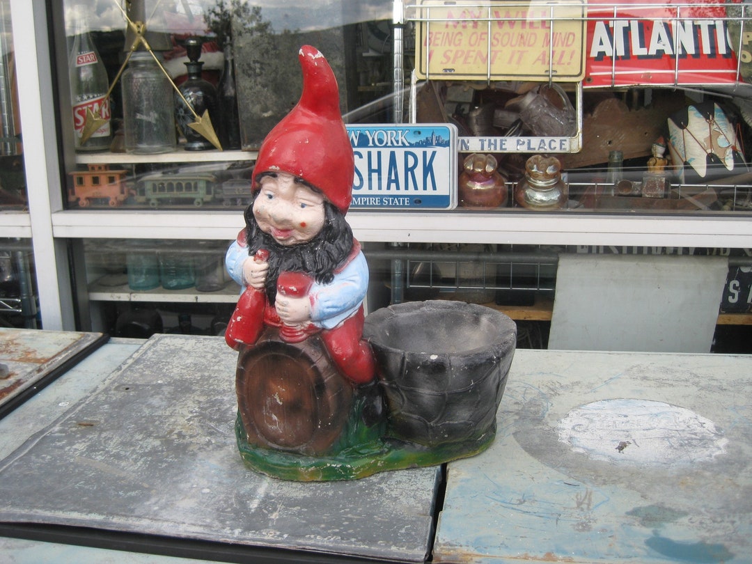 Vintage Garden Gnome - Cast Cement / Concrete: Sitting on Barrel W ...