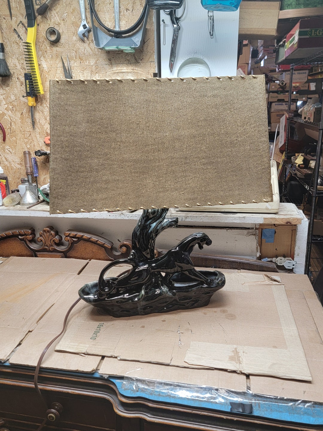 Vintage MCM Phil-mar Ceramic Marbled Black Panther Planter Lamp W ...