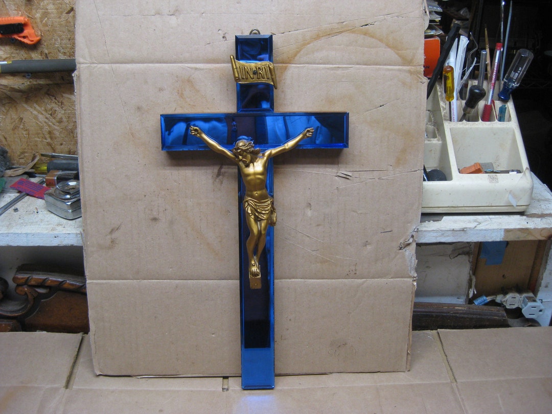 Vintage Mirrored Blue Glass Jesus Crucifix / Cross - Art Deco Wall Hang ...