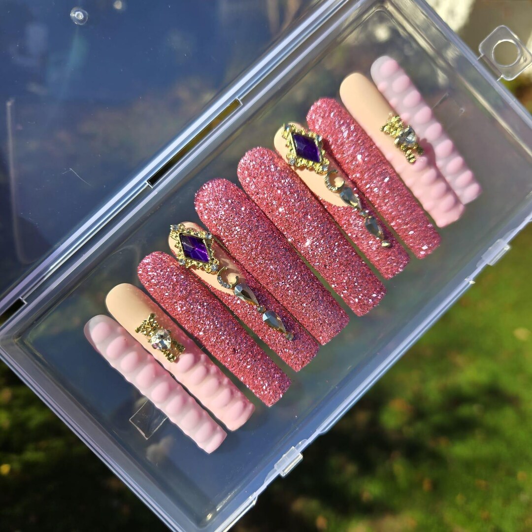 Pink Glitter & Bling Extra Long Coffin Hand Painted Gel Press on Nails ...