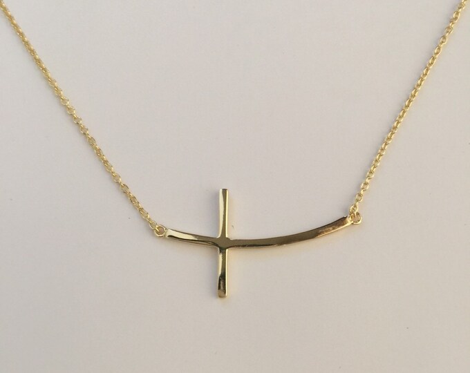 Curved Hammered Cross Necklace Gold, Handcrafted Sideways Cross, 14K ...