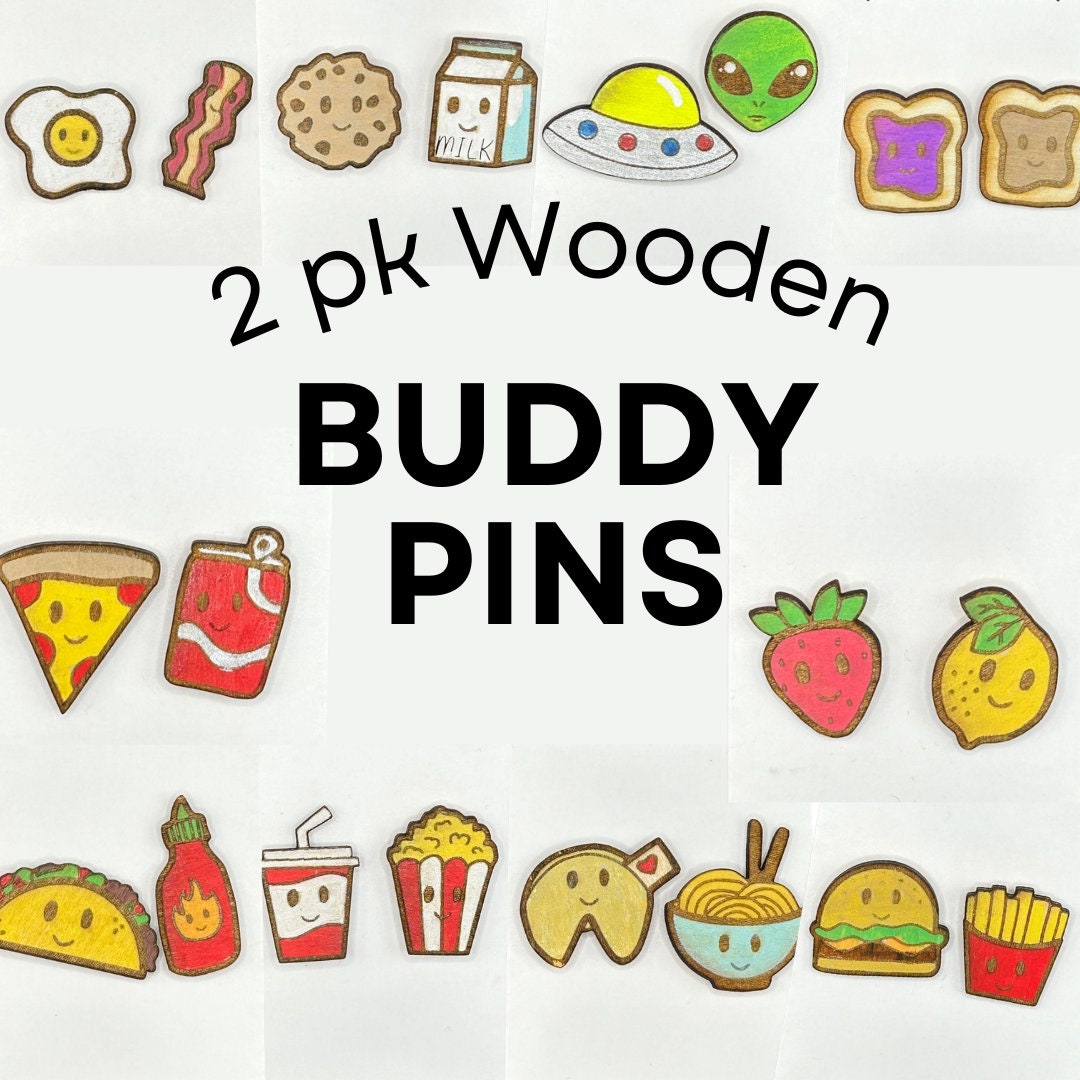 Handmade Wooden Buddy Pins Set of 2 - Unique Hand-painted Pins, Various ...