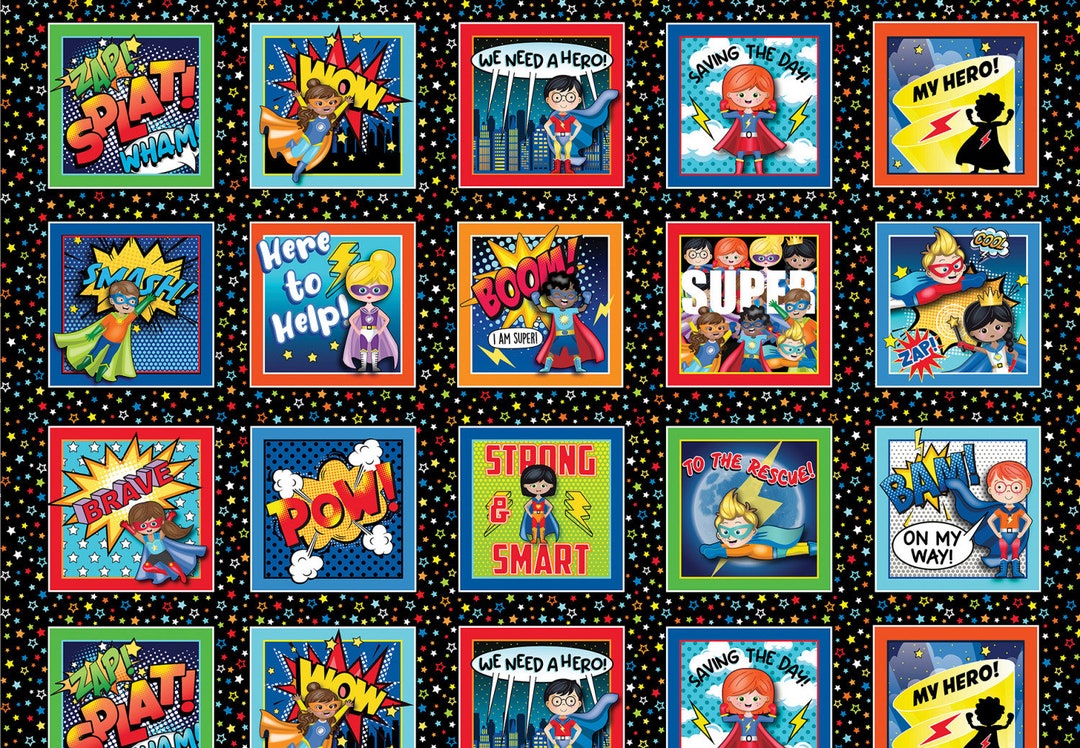 Superhero Comic Boxes Fabric Panel: My Hero Benartex Cotton Quilt ...