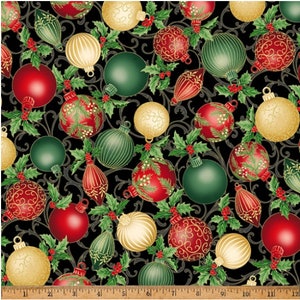 Christmas Splendor Fabric Black Gold Ornaments Quilt Cotton Sewing ...