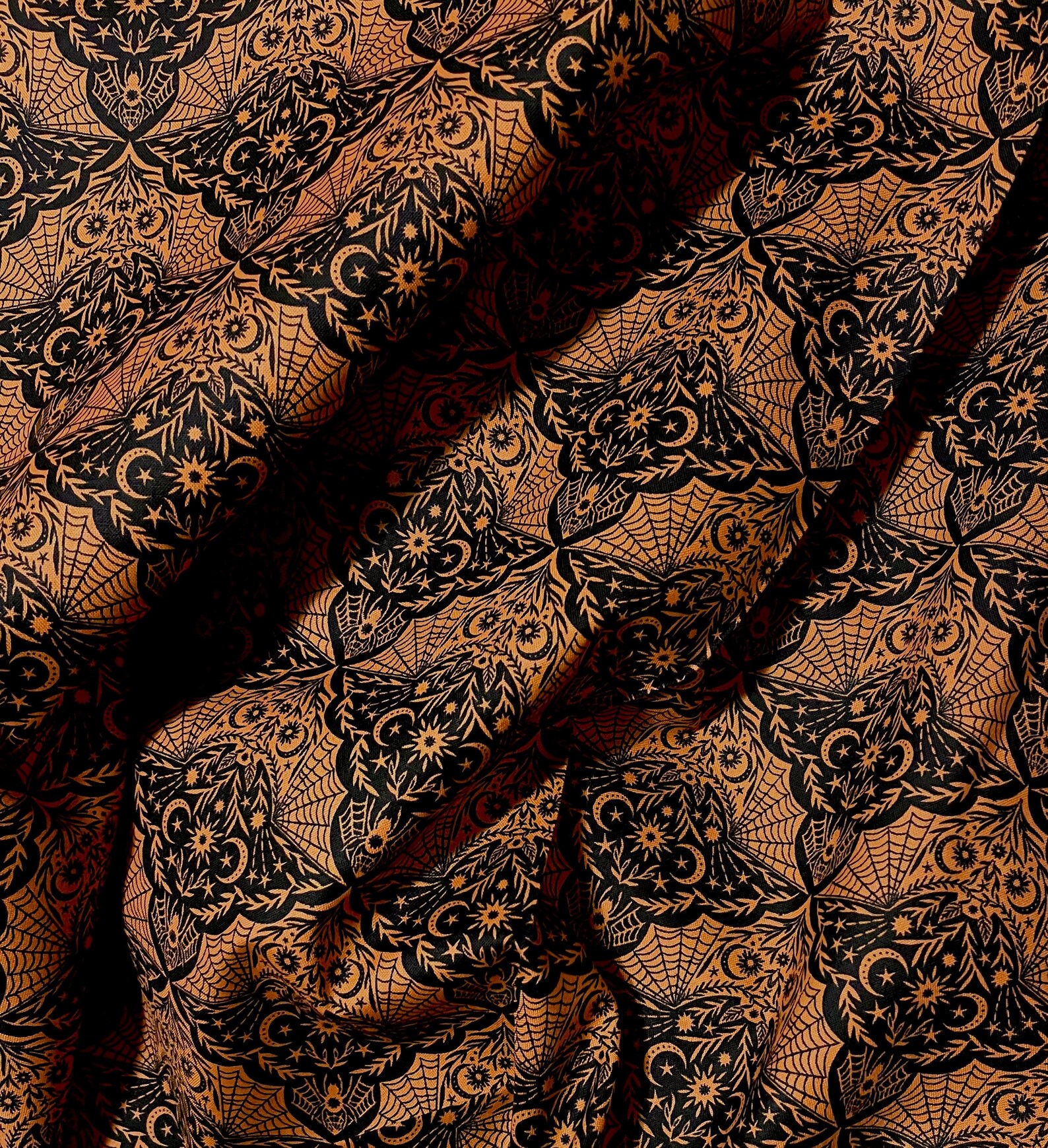 Lewis and Irene Fabric Cast a Spell Orange Floral Bat Damask Quilt ...