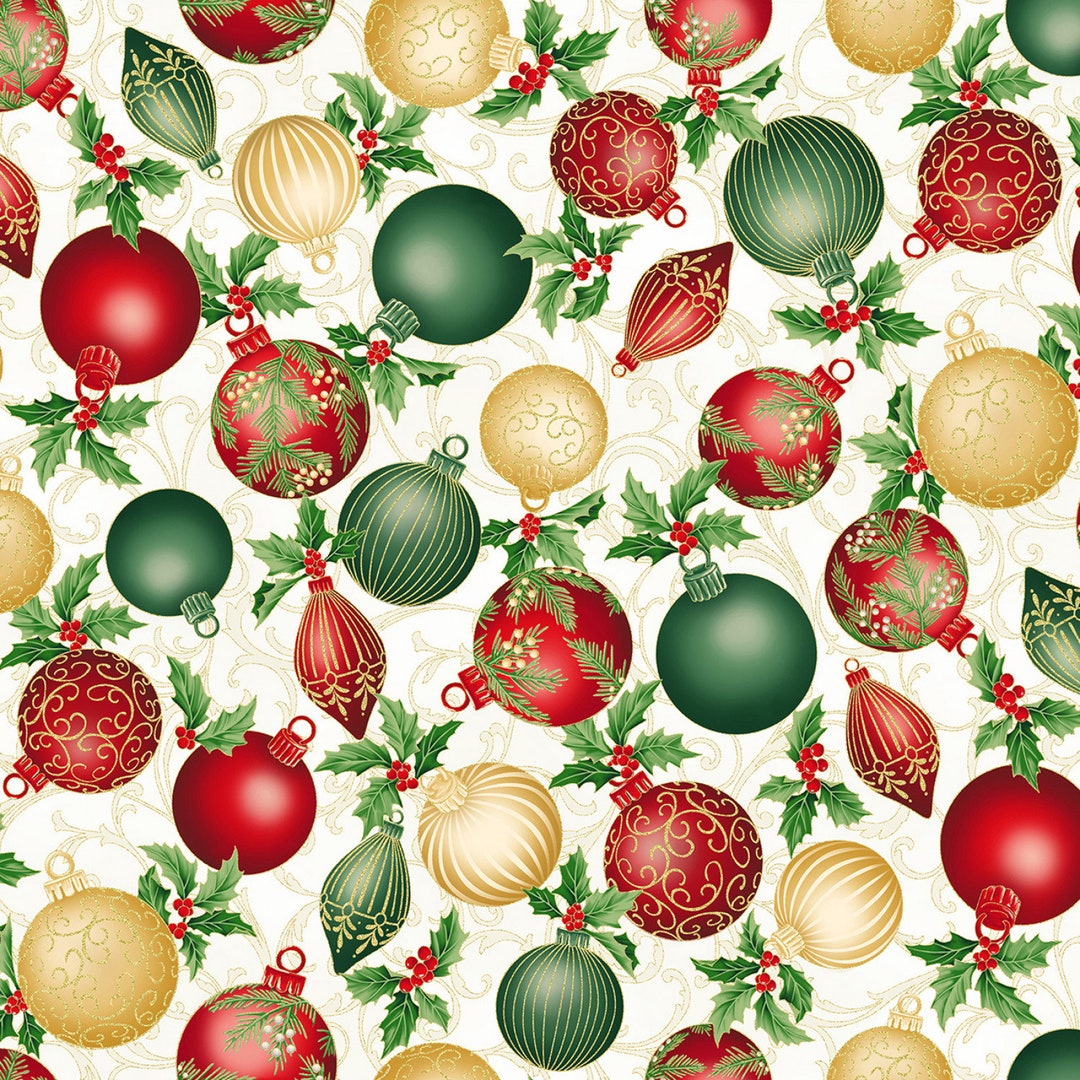 Christmas Splendor Fabric Natural Gold Ornaments Quilt Cotton Sewing ...