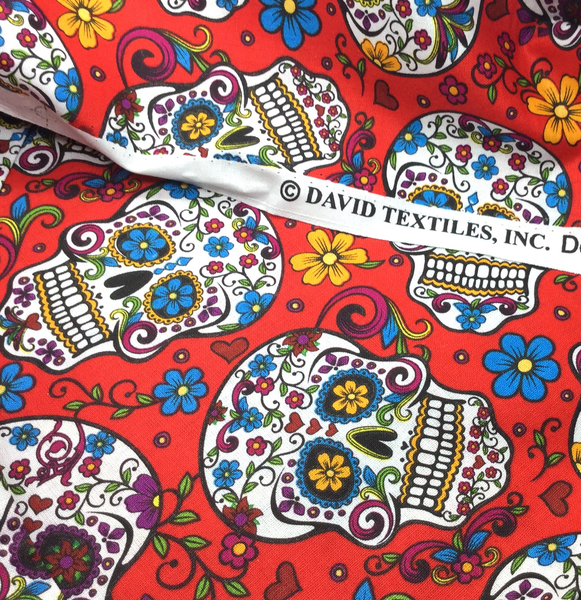 Red Skull Fabric Red Folkloric Sugar Skulls Fabric by David | Etsy