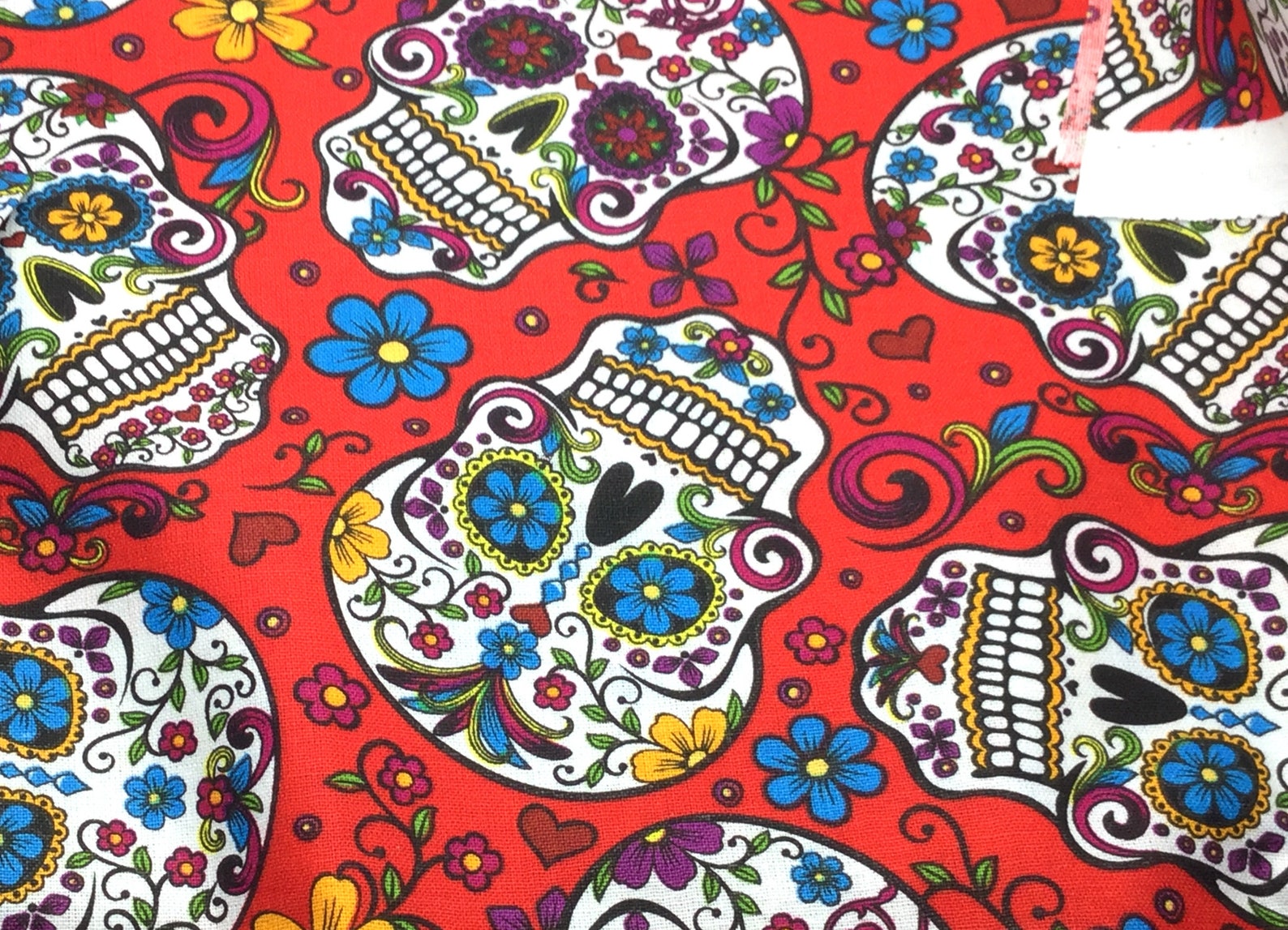 Red Skull Fabric Red Folkloric Sugar Skulls Fabric by David | Etsy