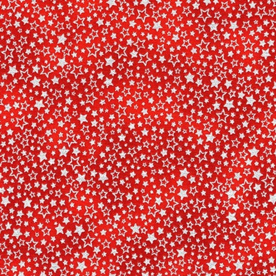 Red Stars Fabric Silver Metallic Stars on Scarlet Holiday | Etsy