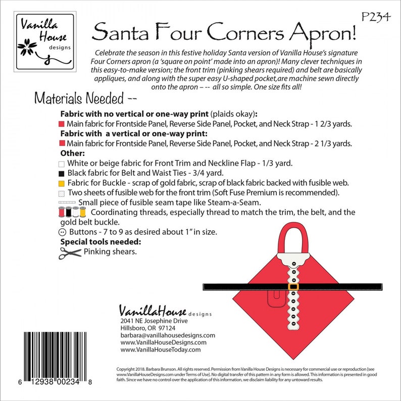 Santa Four Corner Apron Sewing Pattern From Vanilla House Designs ...
