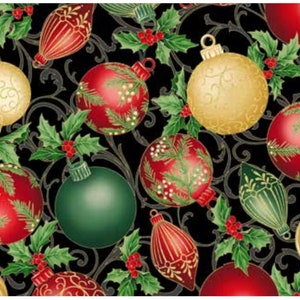 Christmas Splendor Fabric Black Gold Ornaments Quilt Cotton Sewing ...
