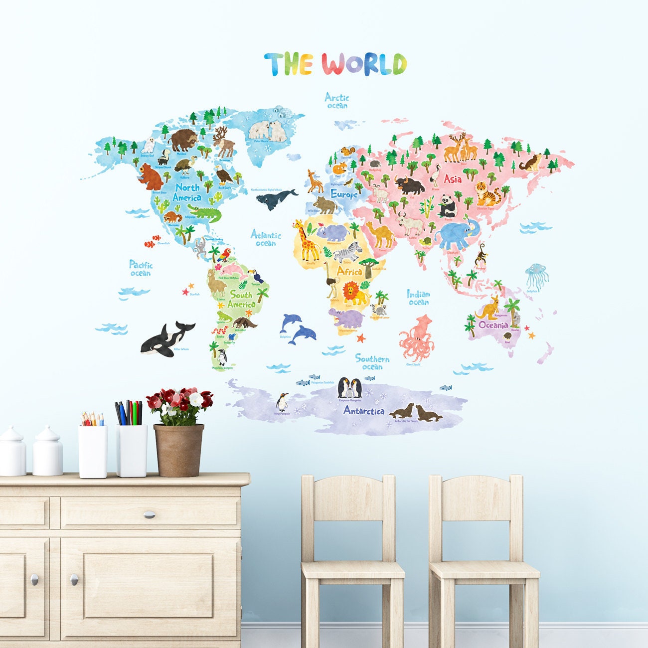 Decowall Dlt 1615 Animal World Map Wall Stickers Etsy Uk
