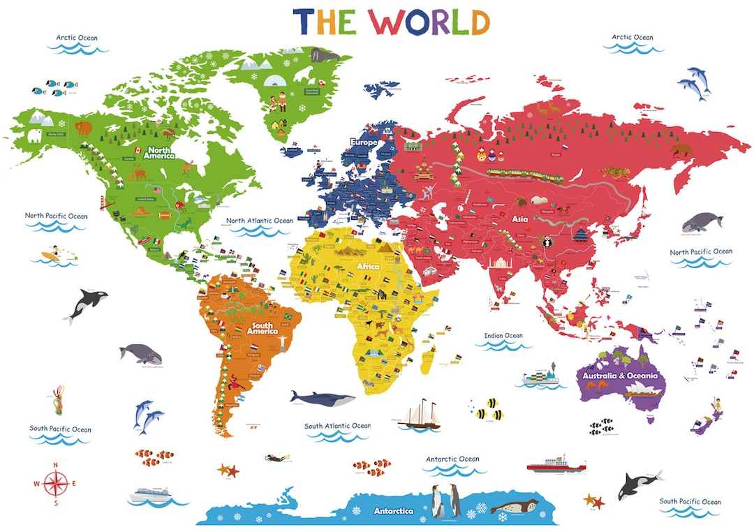 DECOWALL World Map Wall Art Prints – Colourful Educational Map Stickers ...