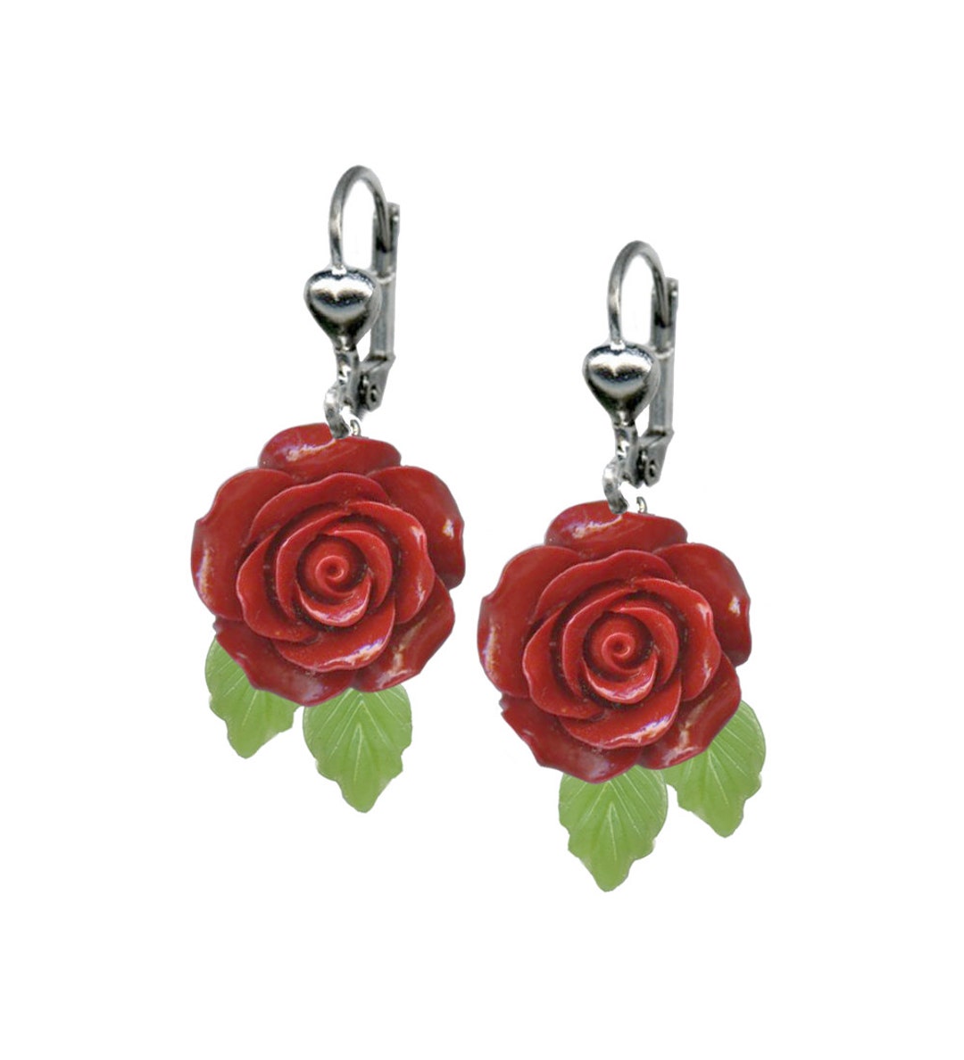 Red Rose Earrings, Boho Cowgirl Style With Green Glass Leaves - Etsy