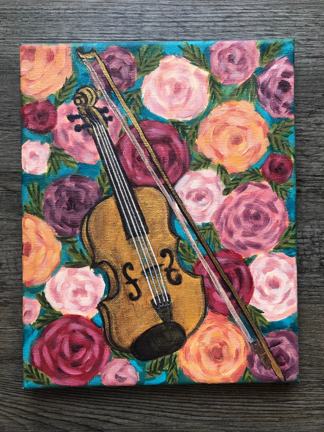 Whimsical Painting "the Golden Violin" Acrylic on Canvas, Floral ...