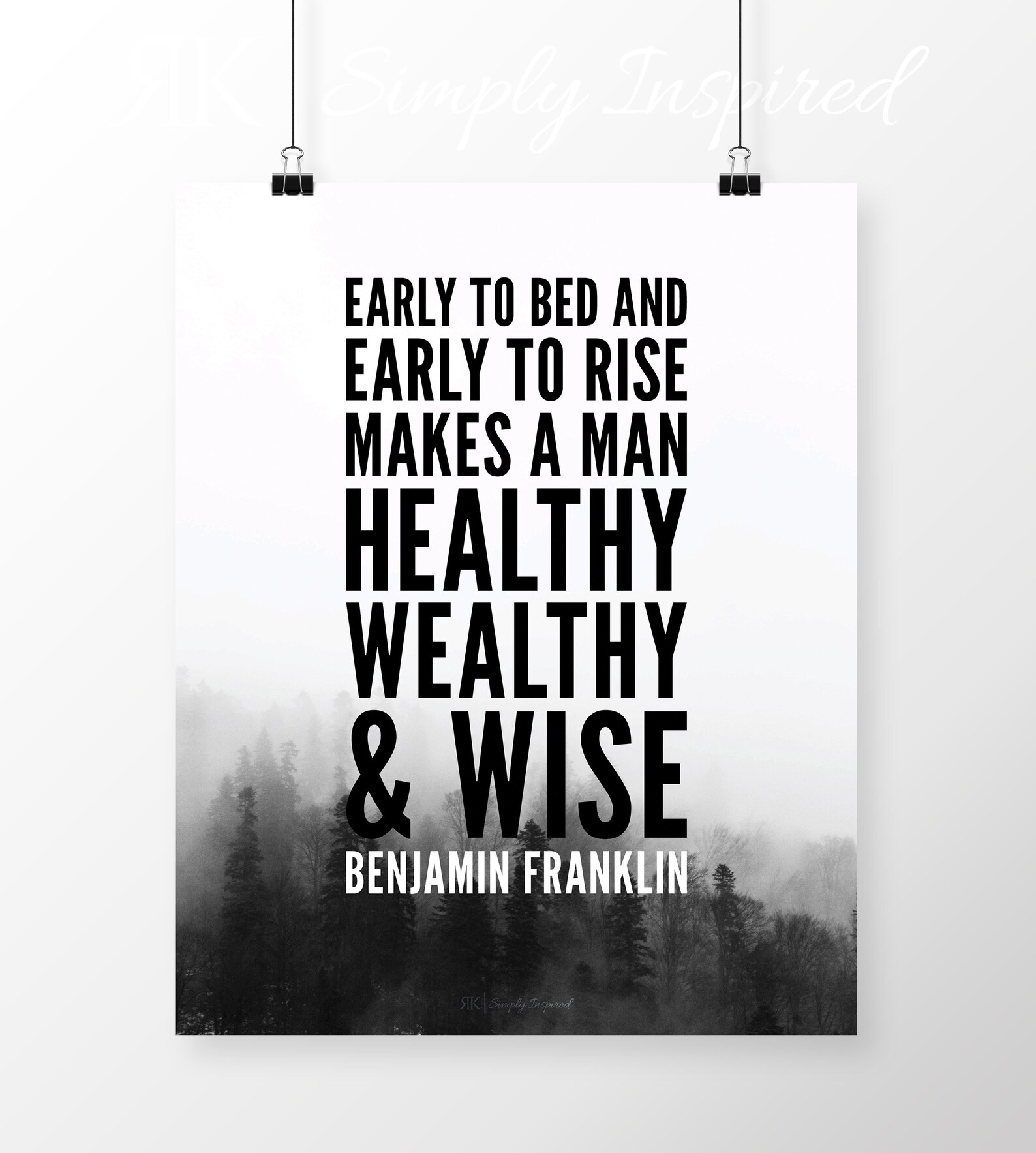 Benjamin Franklin Quote Poster Printable Wall Art "early to Bed and ...
