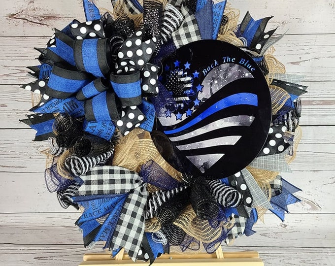Police Deco Mesh Wreath Police Retirement Wreath Blue Line Wreath ...