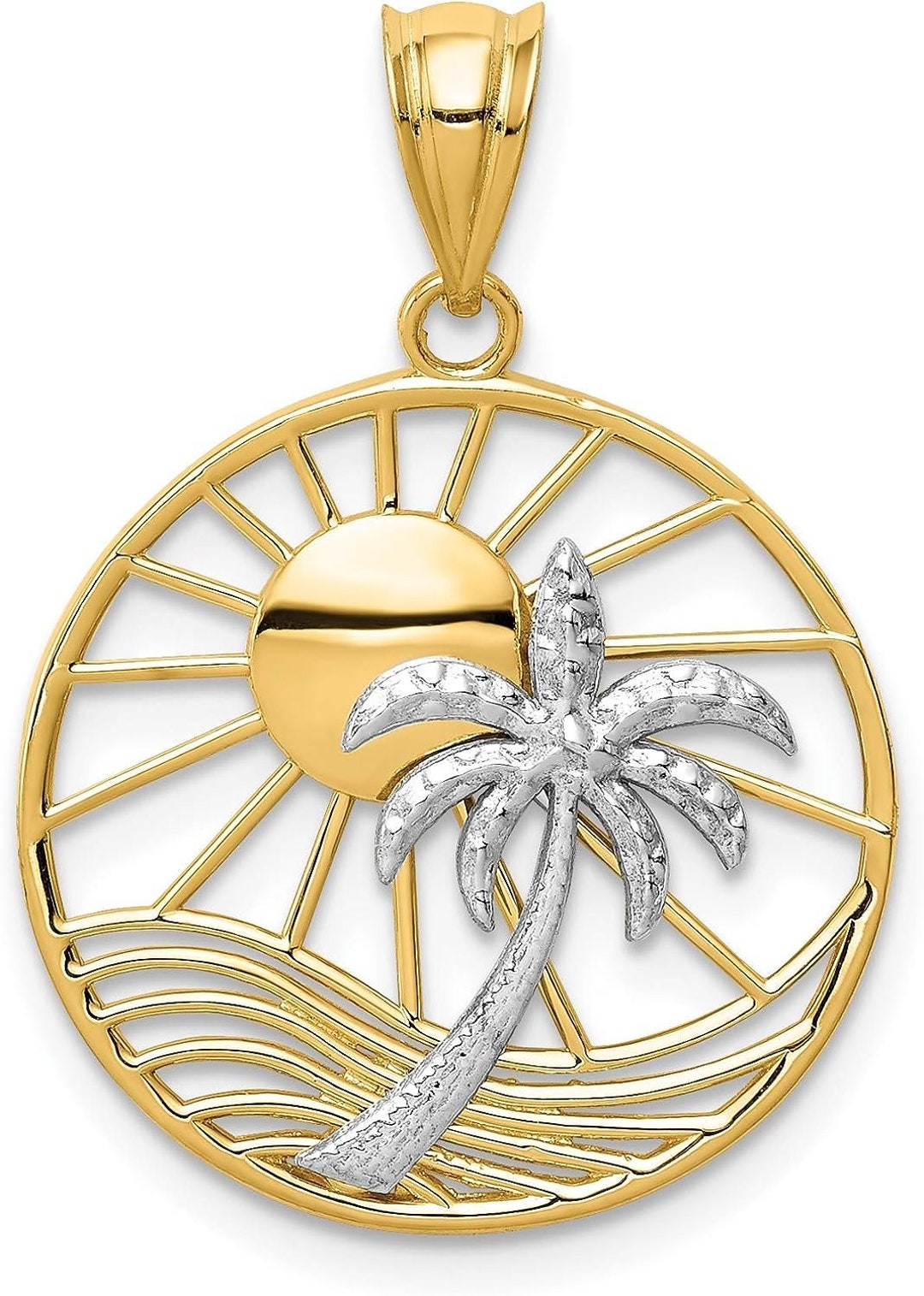 Solid Gold 14K Two-tone Sun and Palm Tree Pendant 22mm - Etsy